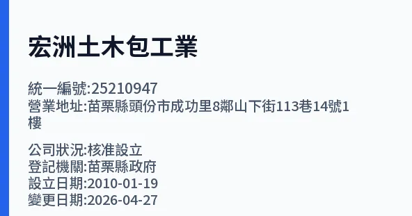 宏洲土木包工業的照片-統編 25210947(苗栗縣) 公司登記資料與營業項目詳細圖表