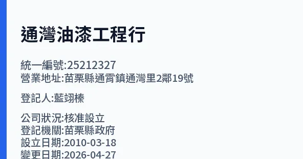 通灣油漆工程行的照片-統編 25212327(苗栗縣) 公司登記資料與營業項目詳細圖表