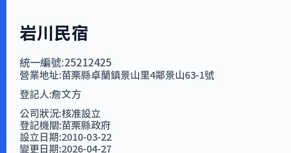 岩川民宿的照片-統編 25212425(苗栗縣) 公司登記資料與營業項目詳細圖表