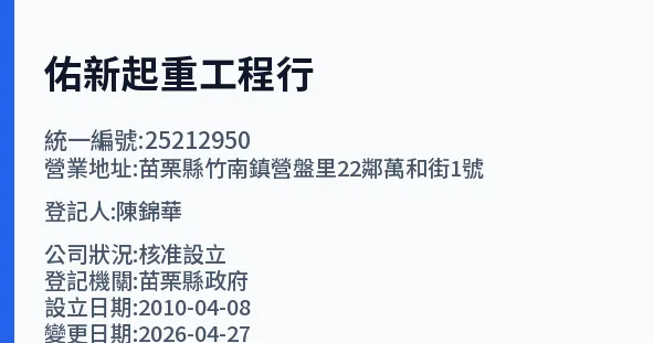 佑新起重工程行的照片-統編 25212950(苗栗縣) 公司登記資料與營業項目詳細圖表