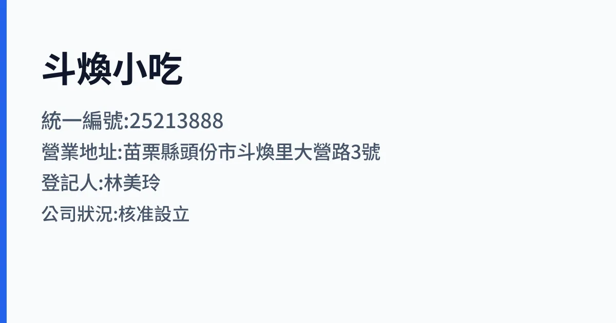 斗煥小吃 - 統編 25213888(苗栗縣) 公司登記資料與營業項目詳細圖表
