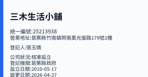 三木生活小舖的照片-統編 25213938(苗栗縣) 公司登記資料與營業項目詳細圖表