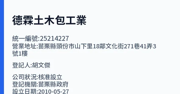德霖土木包工業的照片-統編 25214227(苗栗縣) 公司登記資料與營業項目詳細圖表