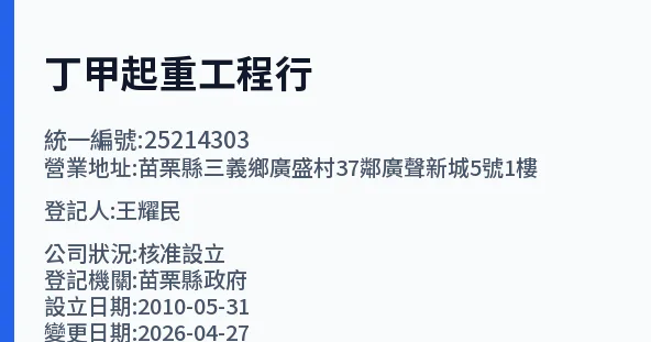 丁甲起重工程行的照片-統編 25214303(苗栗縣) 公司登記資料與營業項目詳細圖表