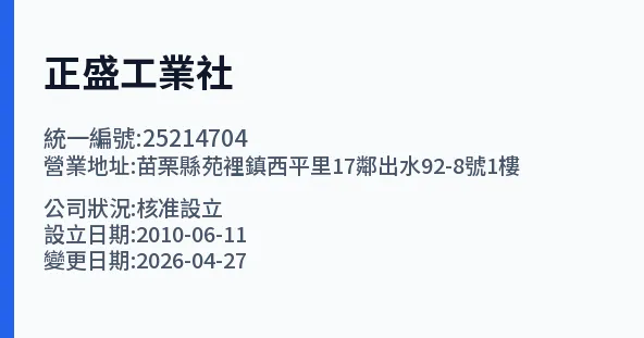 正盛工業社的照片-統編 25214704(苗栗縣) 公司登記資料與營業項目詳細圖表