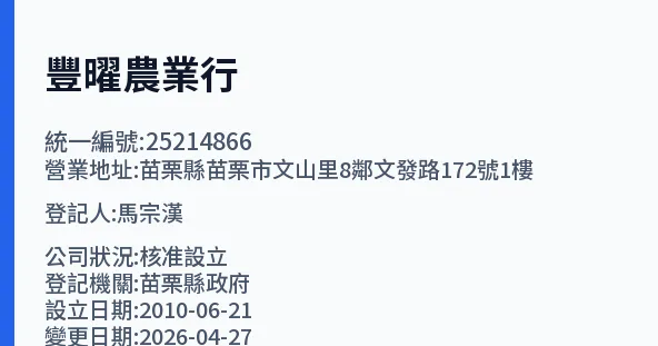 豐曜農業行的照片-統編 25214866(苗栗縣) 公司登記資料與營業項目詳細圖表