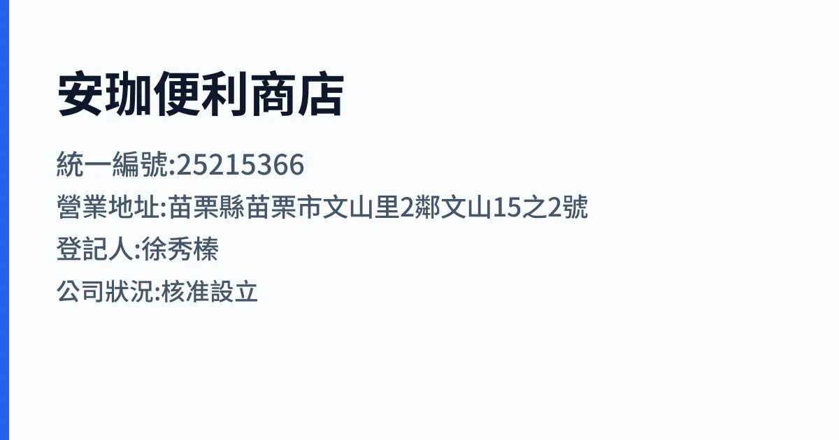 安珈便利商店 - 統編 25215366(苗栗縣) 公司登記資料與營業項目詳細圖表
