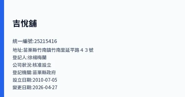 吉悅舖的照片-統編 25215416(苗栗縣) 公司登記資料與營業項目詳細圖表