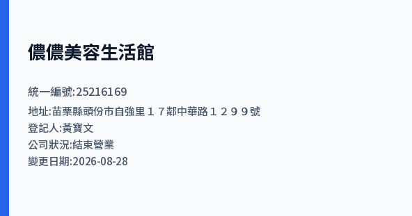 儂儂美容生活館的照片-統編 25216169(苗栗縣) 公司登記資料與營業項目詳細圖表