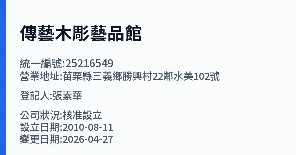 傳藝木彫藝品館的照片-統編 25216549(苗栗縣) 公司登記資料與營業項目詳細圖表