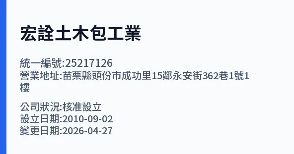 宏詮土木包工業的照片-統編 25217126(苗栗縣) 公司登記資料與營業項目詳細圖表