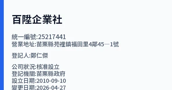 百陞企業社的照片-統編 25217441(苗栗縣) 公司登記資料與營業項目詳細圖表
