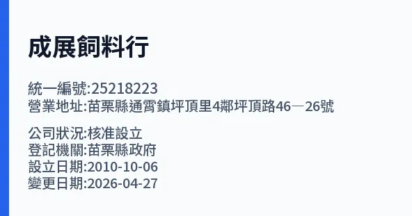 成展飼料行的照片-統編 25218223(苗栗縣) 公司登記資料與營業項目詳細圖表