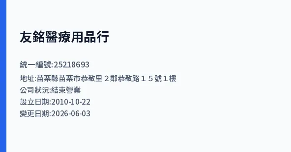 友銘醫療用品行的照片-統編 25218693(苗栗縣) 公司登記資料與營業項目詳細圖表