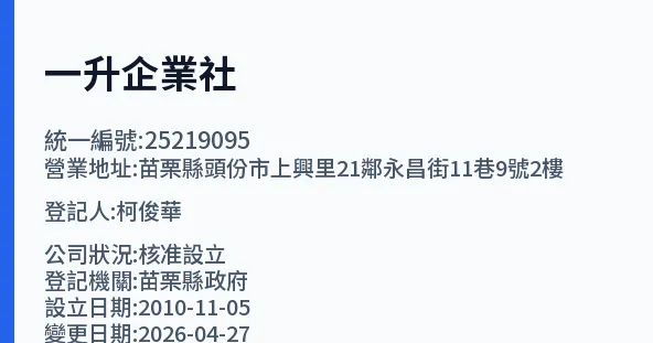 一升企業社的照片-統編 25219095(苗栗縣) 公司登記資料與營業項目詳細圖表