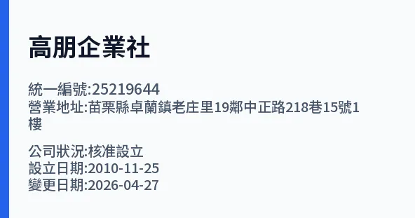 高朋企業社的照片-統編 25219644(苗栗縣) 公司登記資料與營業項目詳細圖表