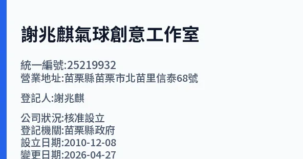 謝兆麒氣球創意工作室的照片-統編 25219932(苗栗縣) 公司登記資料與營業項目詳細圖表