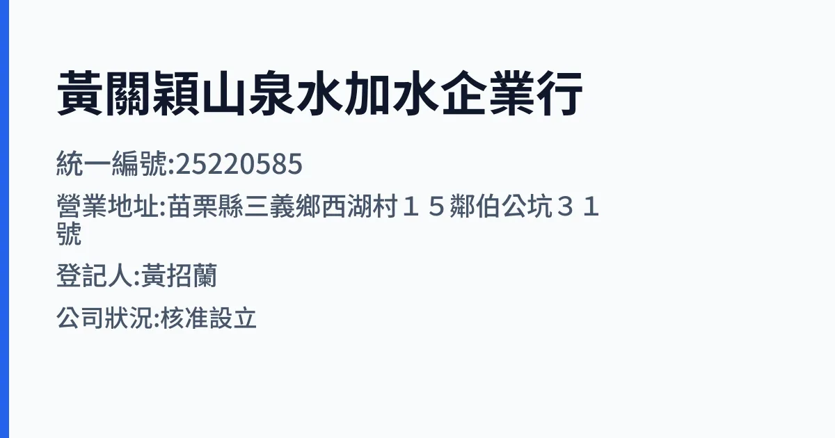 黃關穎山泉水加水企業行 - 統編 25220585(苗栗縣) 公司登記資料與營業項目詳細圖表
