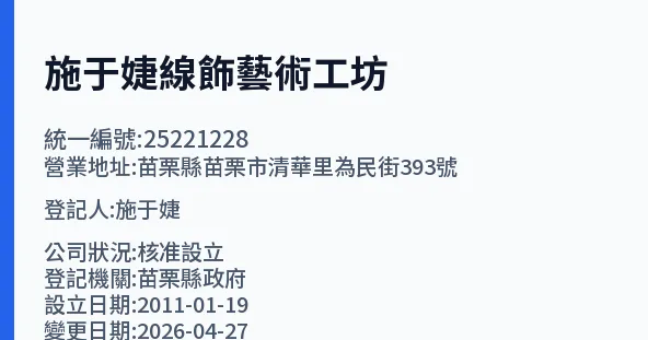 施于婕線飾藝術工坊的照片-統編 25221228(苗栗縣) 公司登記資料與營業項目詳細圖表