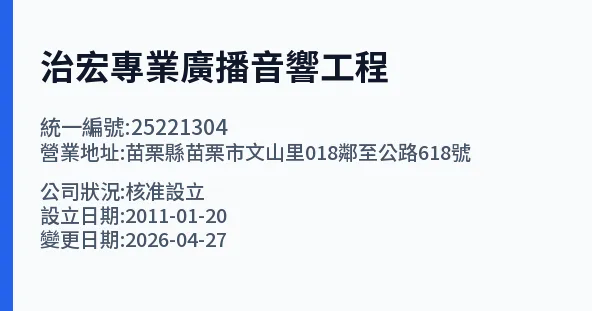 治宏專業廣播音響工程的照片-統編 25221304(苗栗縣) 公司登記資料與營業項目詳細圖表