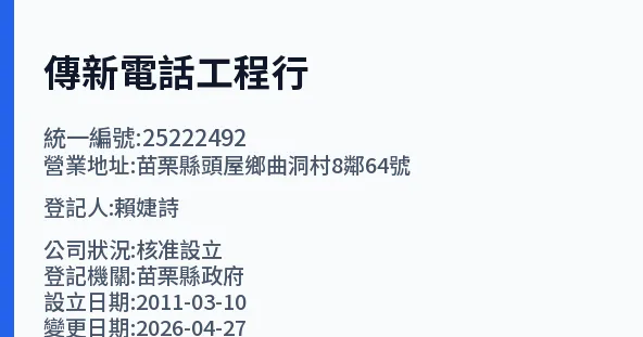 傳新電話工程行的照片-統編 25222492(苗栗縣) 公司登記資料與營業項目詳細圖表
