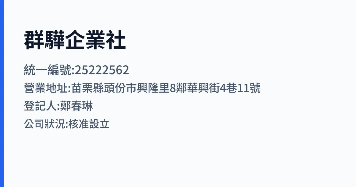 群驊企業社 - 統編 25222562(苗栗縣) 公司登記資料與營業項目詳細圖表