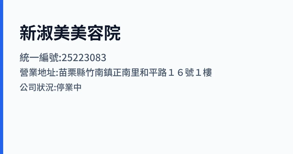 新淑美美容院 - 統編 25223083（苗栗縣） 公司登記資料與營業項目詳細圖表