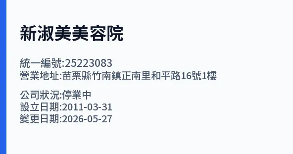 新淑美美容院的照片-統編 25223083(苗栗縣) 公司登記資料與營業項目詳細圖表