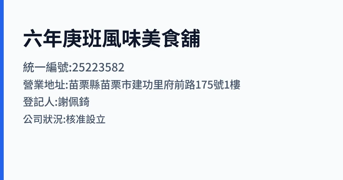 六年庚班風味美食舖 - 統編 25223582(苗栗縣) 公司登記資料與營業項目詳細圖表