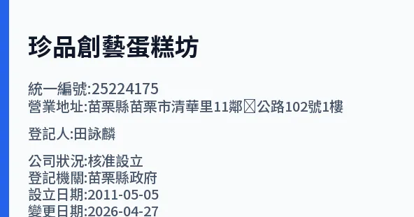 珍品創藝蛋糕坊的照片-統編 25224175(苗栗縣) 公司登記資料與營業項目詳細圖表