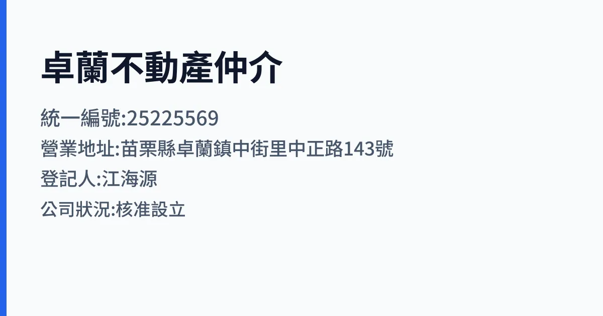 卓蘭不動產仲介 - 統編 25225569(苗栗縣) 公司登記資料與營業項目詳細圖表