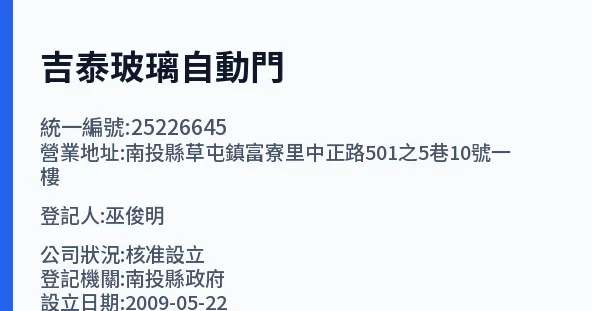 吉泰玻璃自動門的照片-統編 25226645(南投縣) 公司登記資料與營業項目詳細圖表