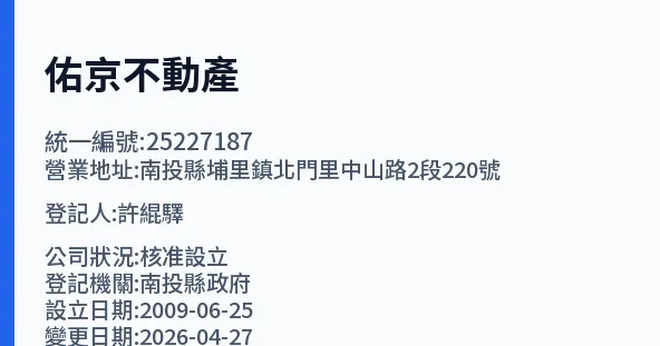 佑京不動產的照片-統編 25227187(南投縣) 公司登記資料與營業項目詳細圖表