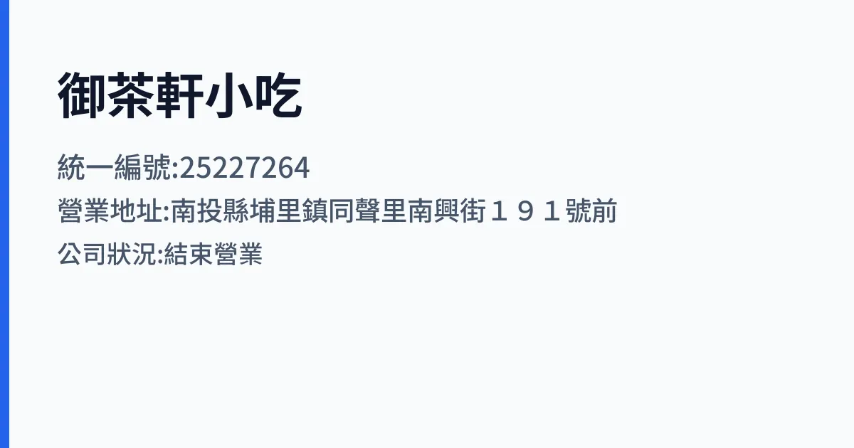 御茶軒小吃 - 統編 25227264(南投縣) 公司登記資料與營業項目詳細圖表