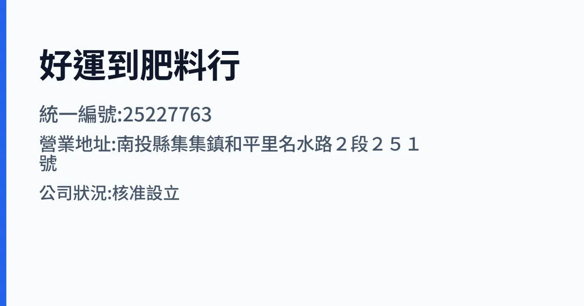 好運到肥料行 - 統編 25227763(南投縣) 公司登記資料與營業項目詳細圖表