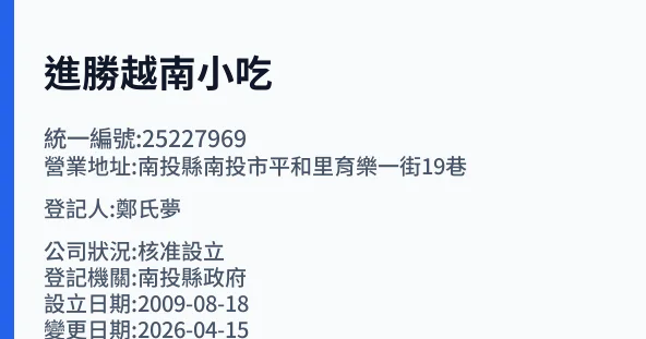 進勝越南小吃的照片-統編 25227969(南投縣) 公司登記資料與營業項目詳細圖表