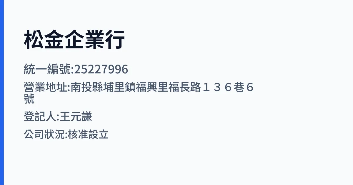 松金企業行 - 統編 25227996(南投縣) 公司登記資料與營業項目詳細圖表