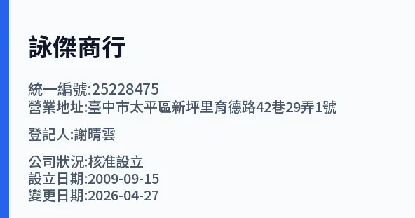 詠傑商行的照片-統編 25228475(臺中市) 公司登記資料與營業項目詳細圖表
