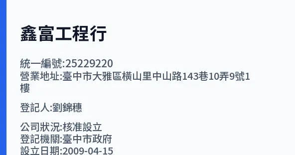 鑫富工程行的照片-統編 25229220(臺中市) 公司登記資料與營業項目詳細圖表