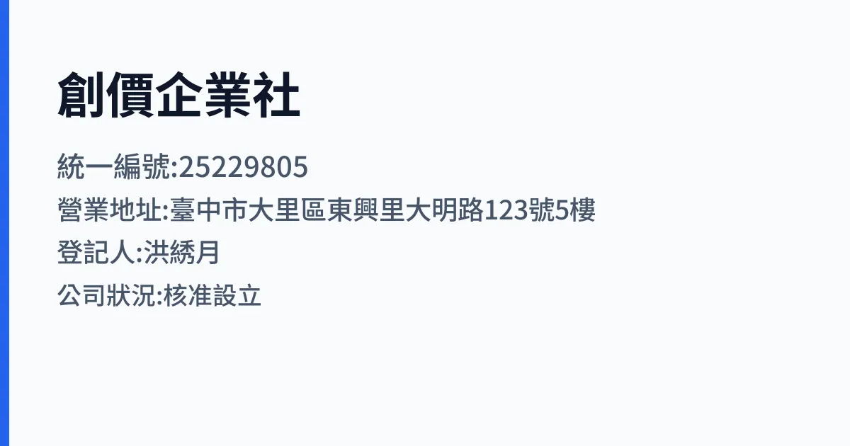 創價企業社 - 統編 25229805(臺中市) 公司登記資料與營業項目詳細圖表