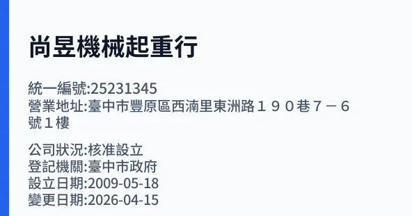 尚昱機械起重行的照片-統編 25231345(臺中市) 公司登記資料與營業項目詳細圖表