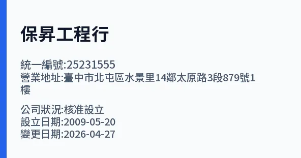 保昇工程行的照片-統編 25231555(臺中市) 公司登記資料與營業項目詳細圖表