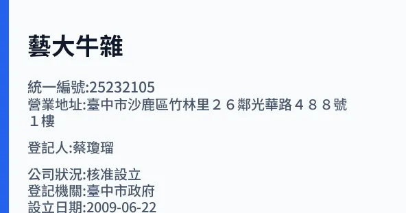藝大牛雜的照片-統編 25232105(臺中市) 公司登記資料與營業項目詳細圖表