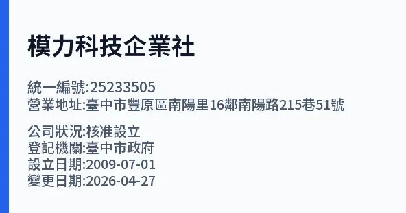 模力科技企業社的照片-統編 25233505(臺中市) 公司登記資料與營業項目詳細圖表