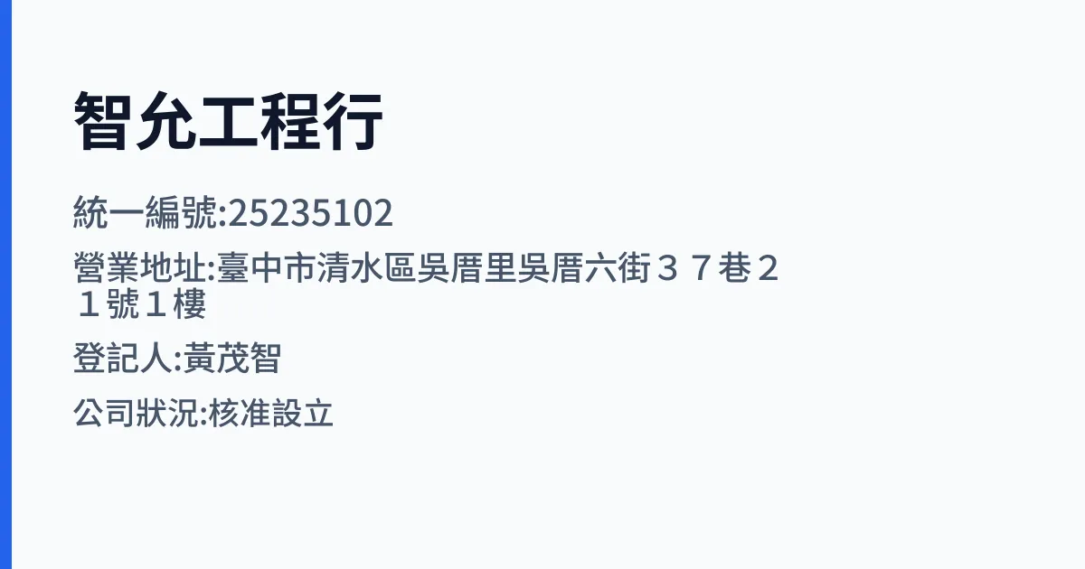 智允工程行 - 統編 25235102(臺中市) 公司登記資料與營業項目詳細圖表
