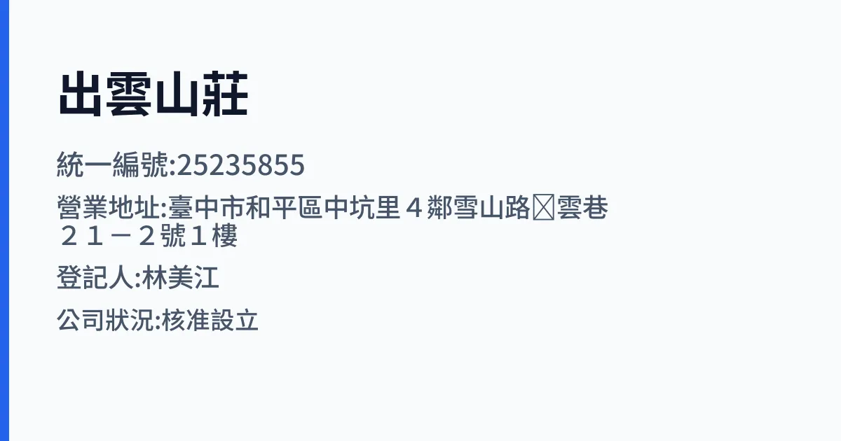出雲山莊 - 統編 25235855(臺中市) 公司登記資料與營業項目詳細圖表