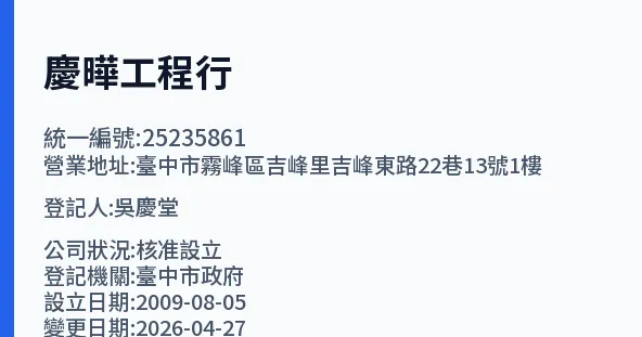 慶曄工程行的照片-統編 25235861(臺中市) 公司登記資料與營業項目詳細圖表