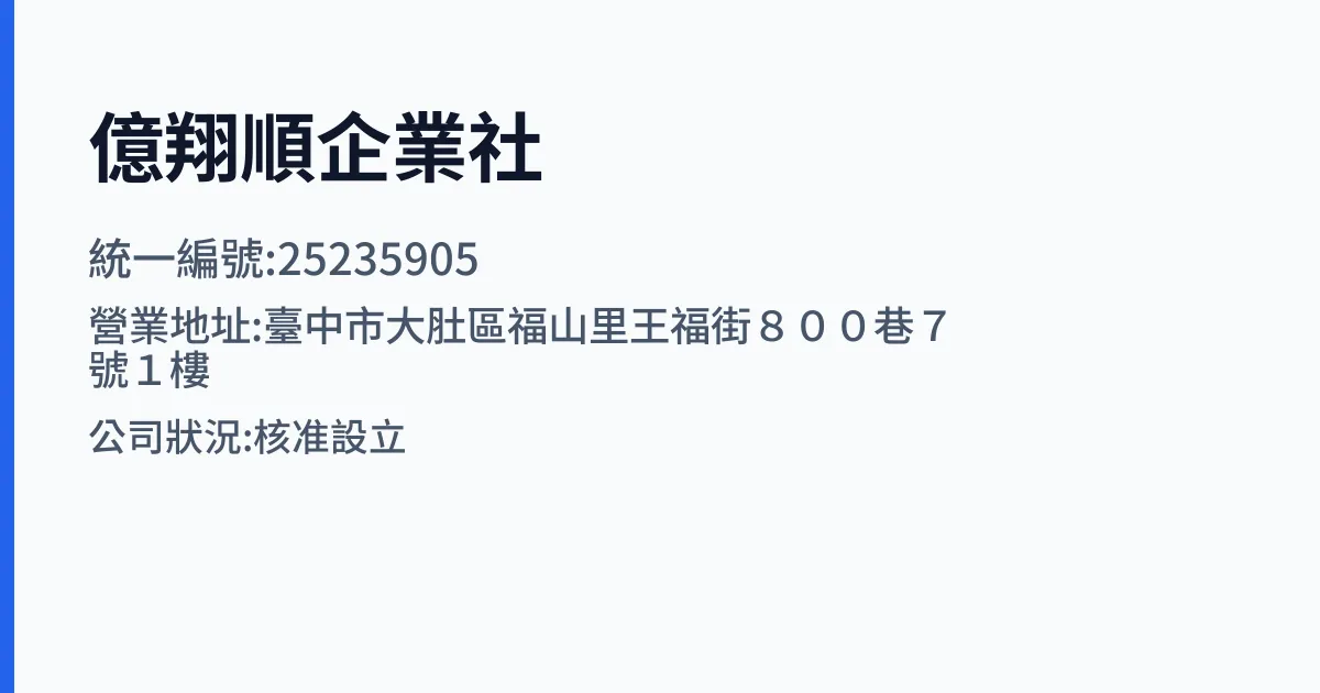 億翔順企業社 - 統編 25235905(臺中市) 公司登記資料與營業項目詳細圖表