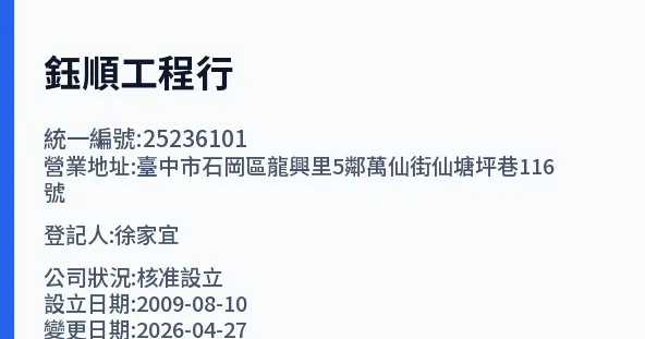 鈺順工程行的照片-統編 25236101(臺中市) 公司登記資料與營業項目詳細圖表