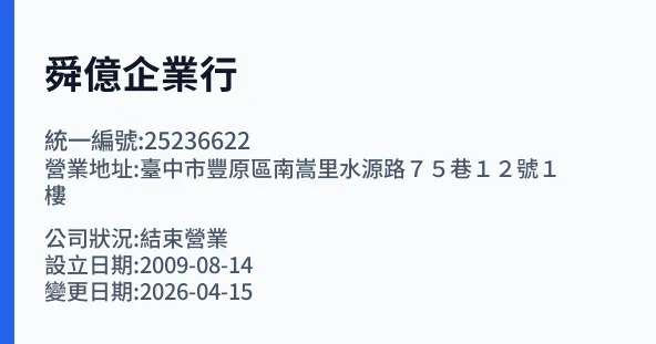 舜億企業行的照片-統編 25236622(臺中市) 公司登記資料與營業項目詳細圖表
